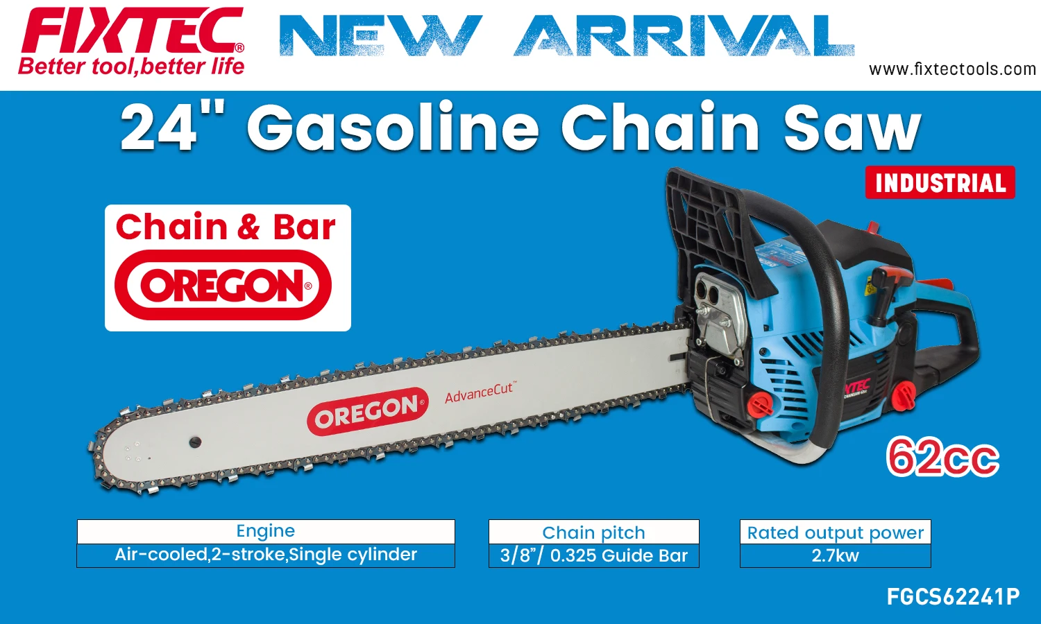 FIXTEC Professional Heavy Duty 24'' Gasoline Chainsaw 62cc