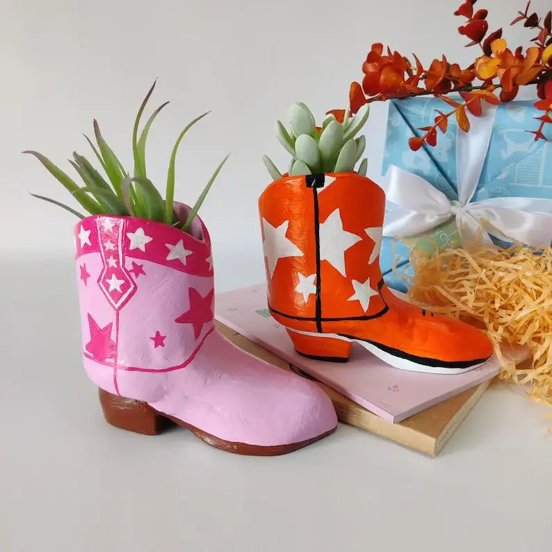 Custom Cowgirl Boot Pot pink Stars Orange Stars Boot Planter Cowboy ...