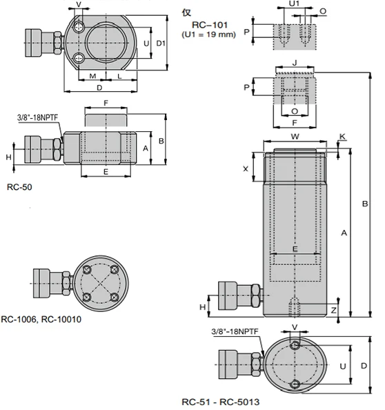 RC-1012 Single Acting Hydraulic Cylinder - 10ton Capacity