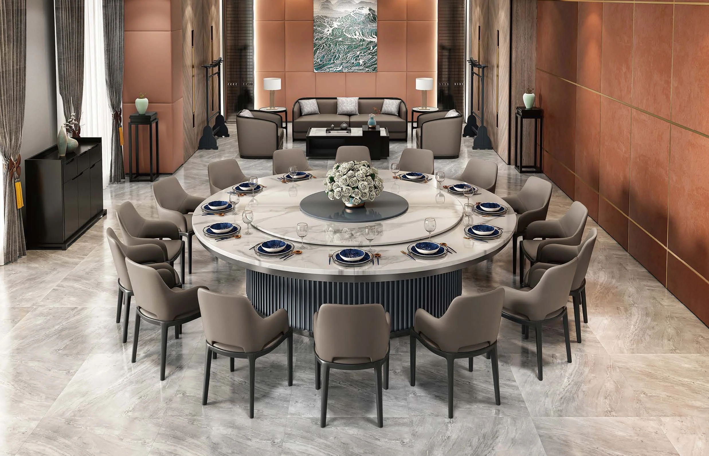 Modern Electric Artificial Marble Dining Table Fish Belly White Banquet ...