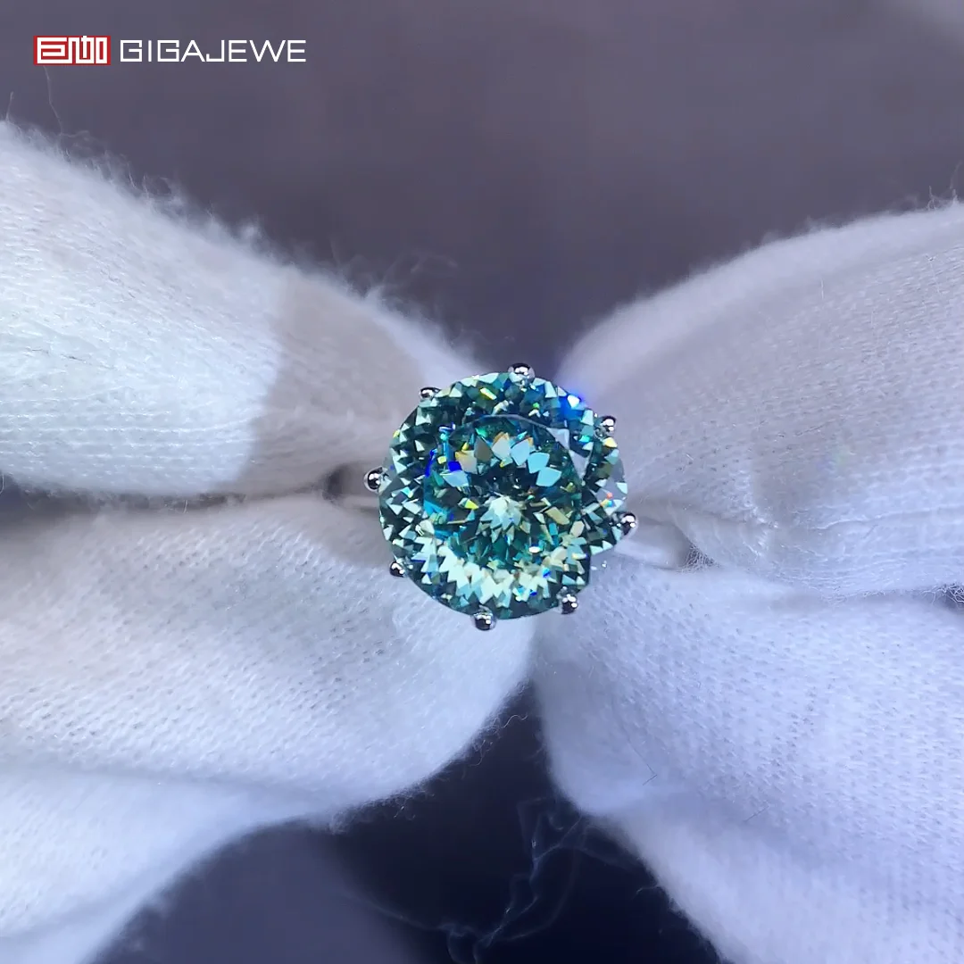 Gigajewe 10mm 4ct Cyan Color Round Portuguese Cut Moissanite 9k/14k/18k ...
