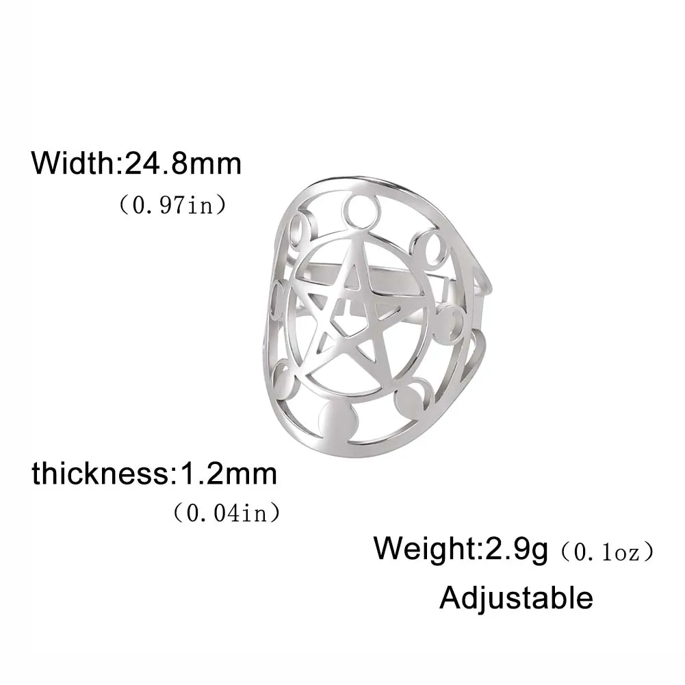 Moon Phase Pentacle Pentagram Ring Stainless Steel Adjustable Finger Rings Wicca Amulet Jewelry ...