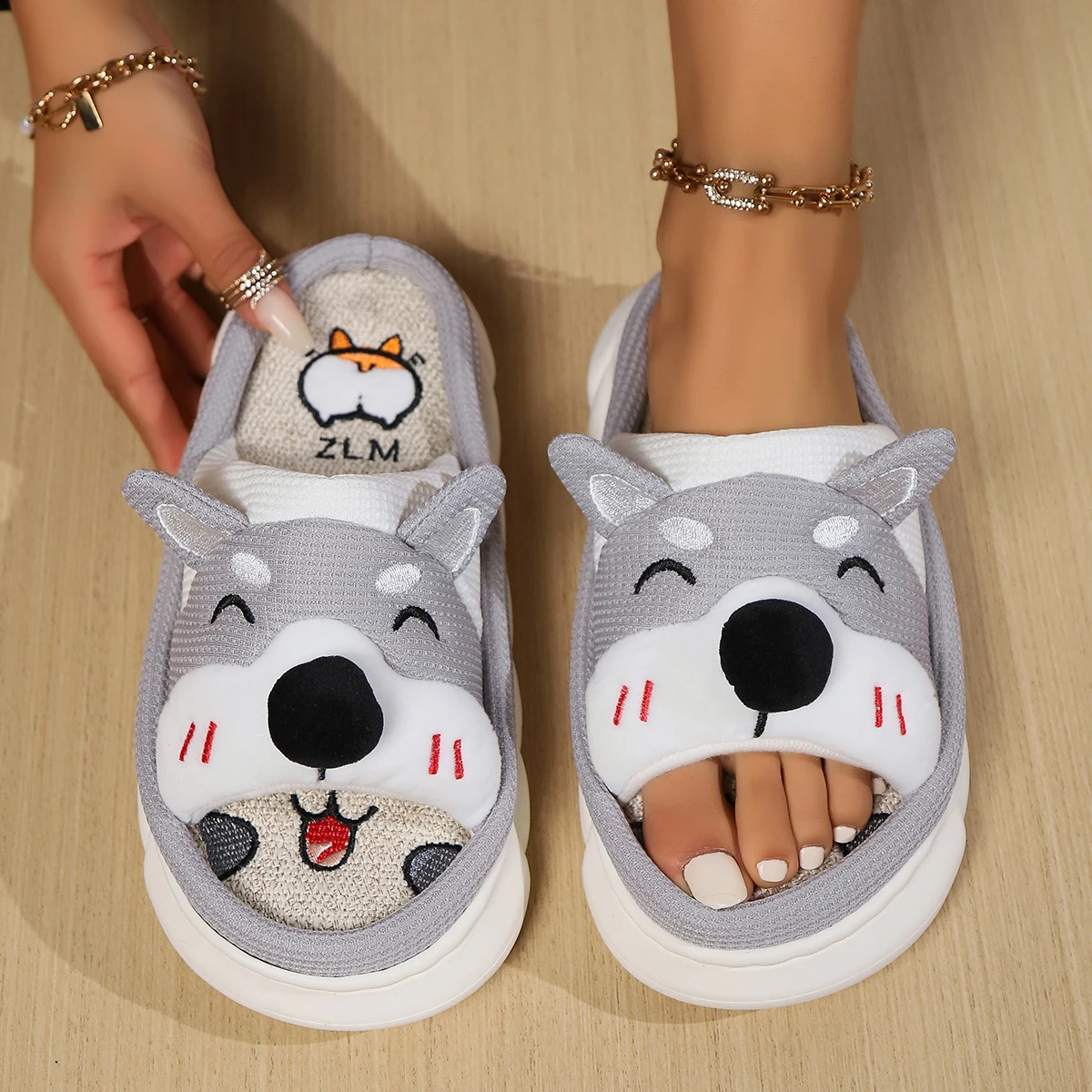 Grey Wolf Cartoon Platform Plush Slippers Winter Fur Style With Anti ...