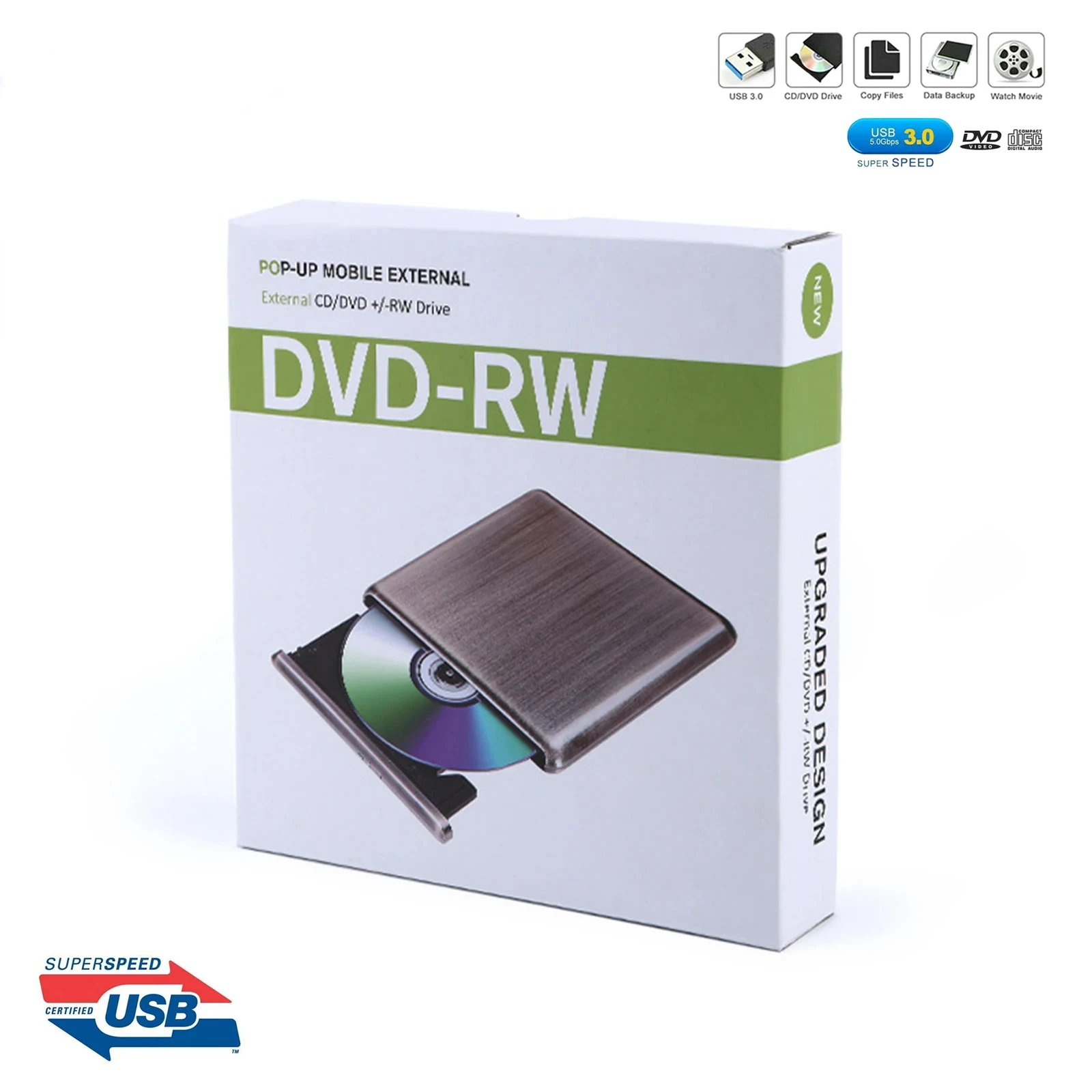 USB 3.0 Type C Slim Portable Optical Drive External CD-RW Burner Writer ...