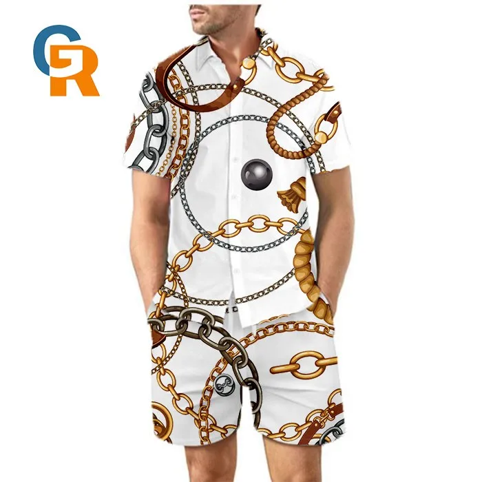 High quality polyester print shirt set summer men's two-piece clothing ...