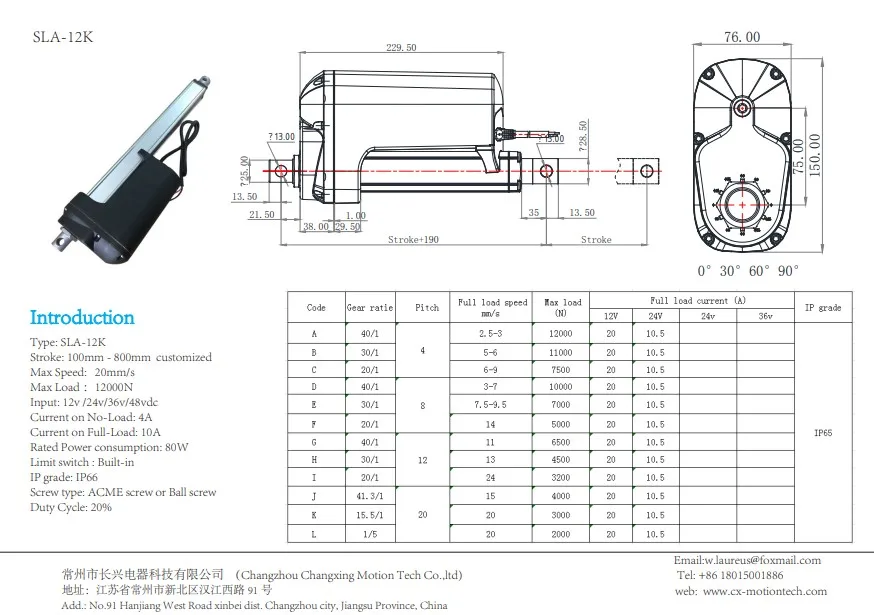 Sla-12kb 1000mm Stroke Solar Trackers 12000n 12 Volt High Power Linear ...