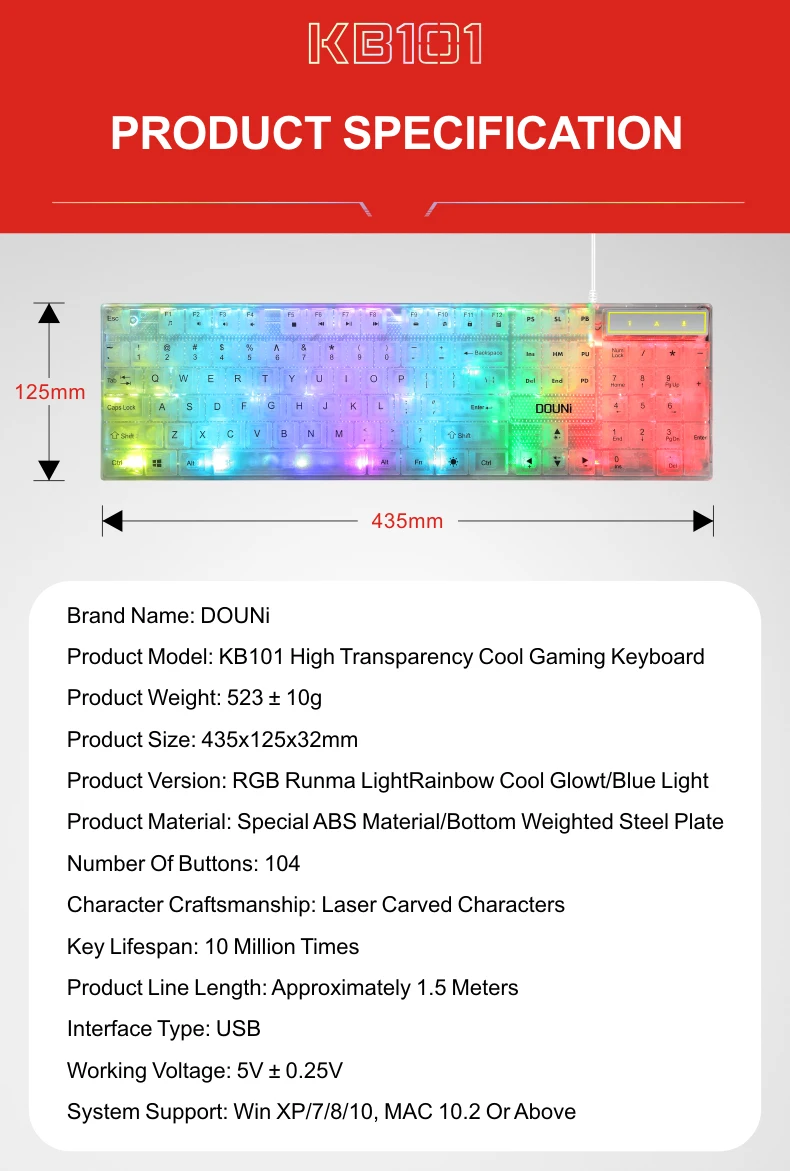Customizable Douni KB101 RGB Backlit Wired Gaming Keyboard - Multi ...