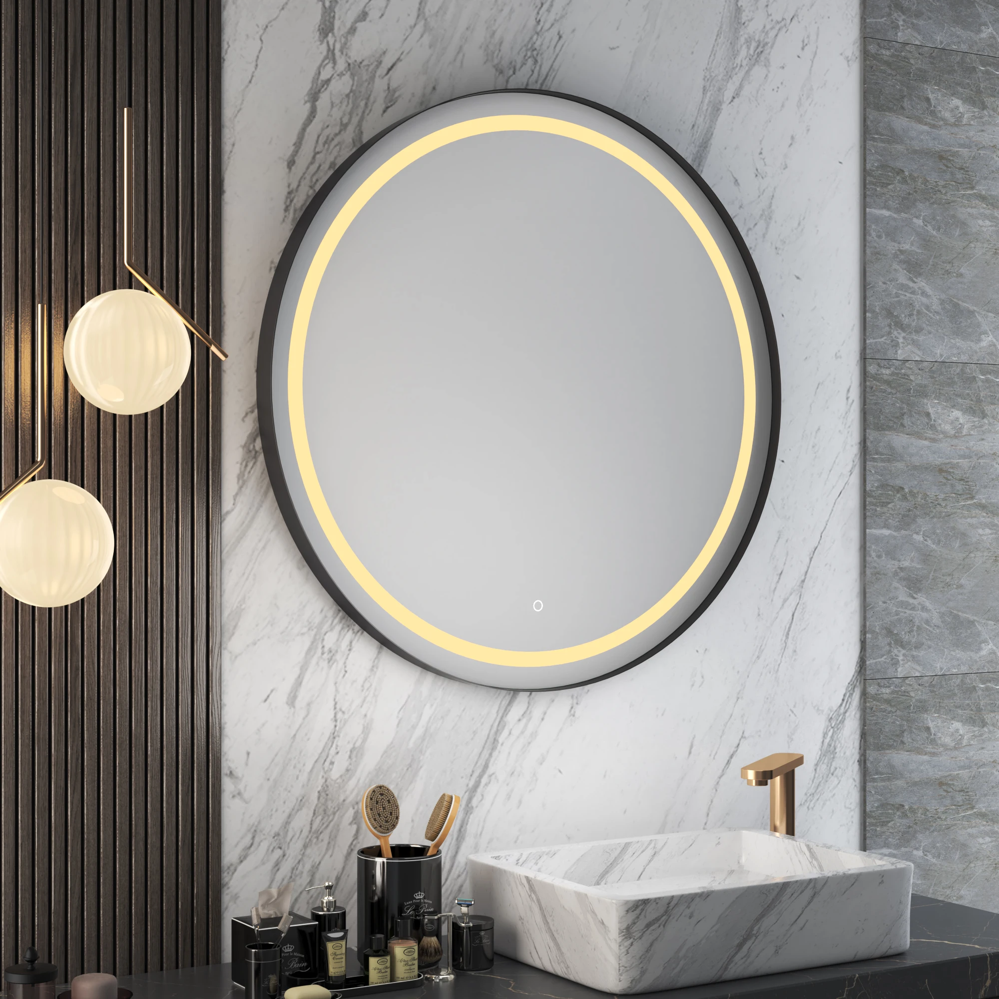 Modern Led Round Touch Screen Defogger Designed Gold Black Framed Smart ...