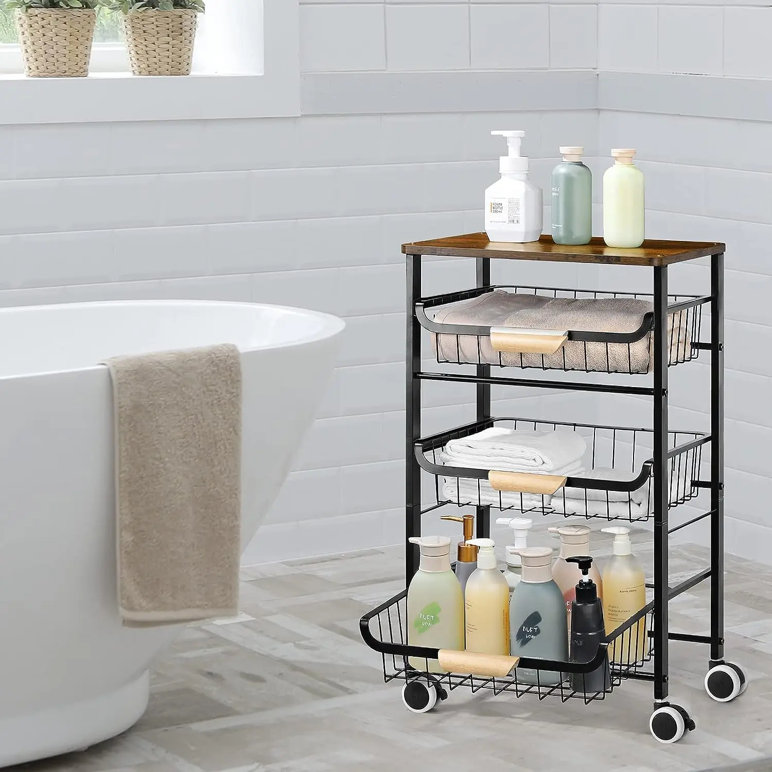Metal Rolling Utility Cart Mesh Basket Pantry Cart Rack With Wooden ...