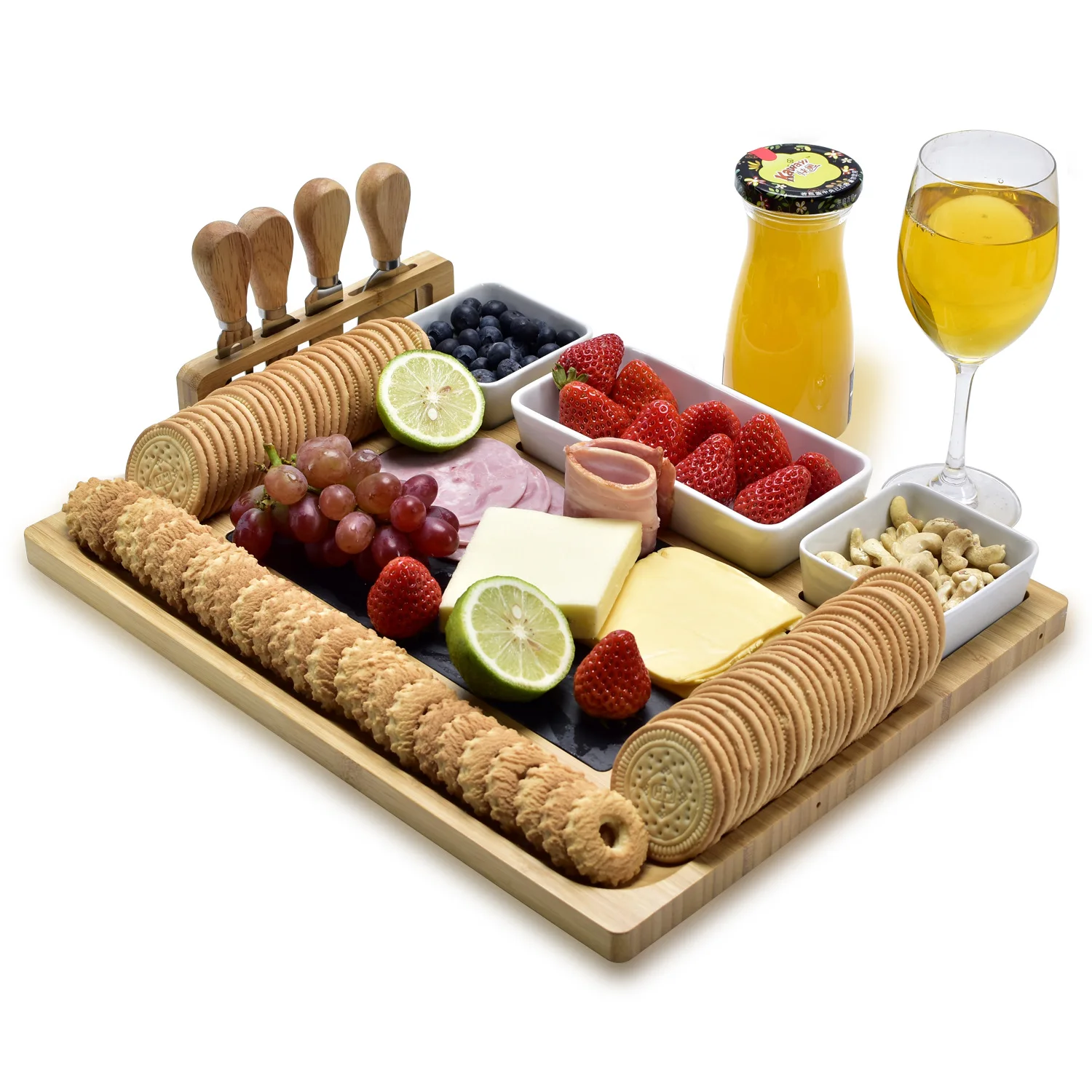Bamboo Wood Cheese Board With Cutlery Set Wine And Cheese Cutting Board ...