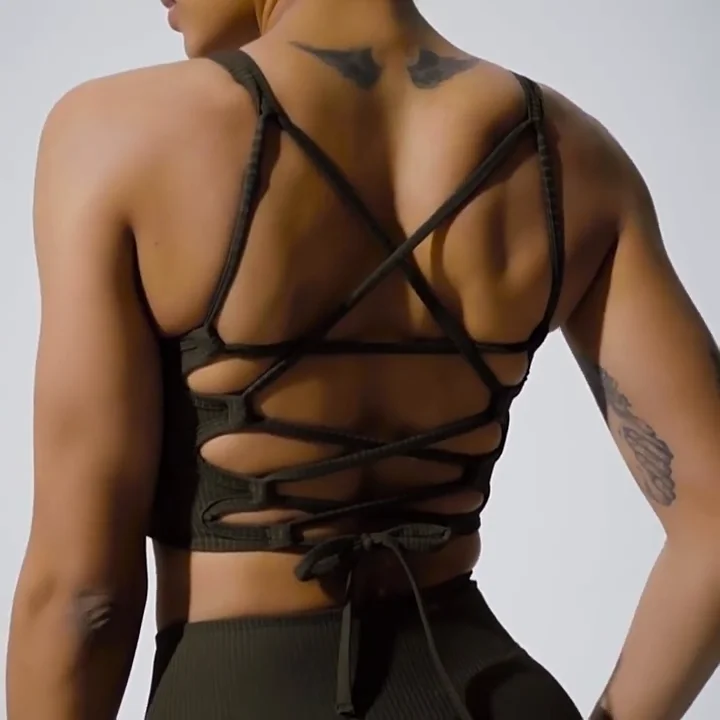 2023 New Fashion Custom Gym Fitness Cross Back Sexy Ribbon Sports Bra Shiny Plain Yoga Bra For ...