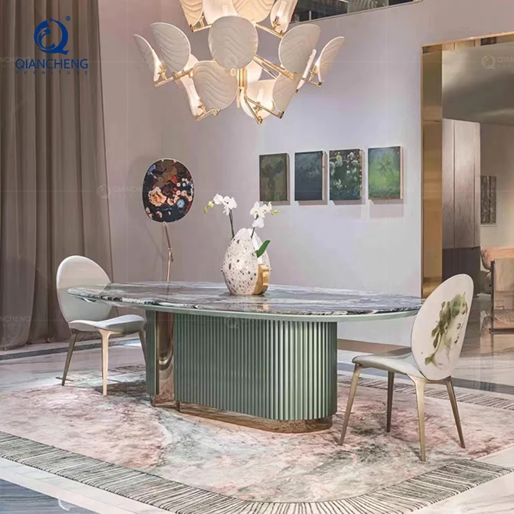 Oval Green Marble Top Dining Table Set 6 Seater Luxury