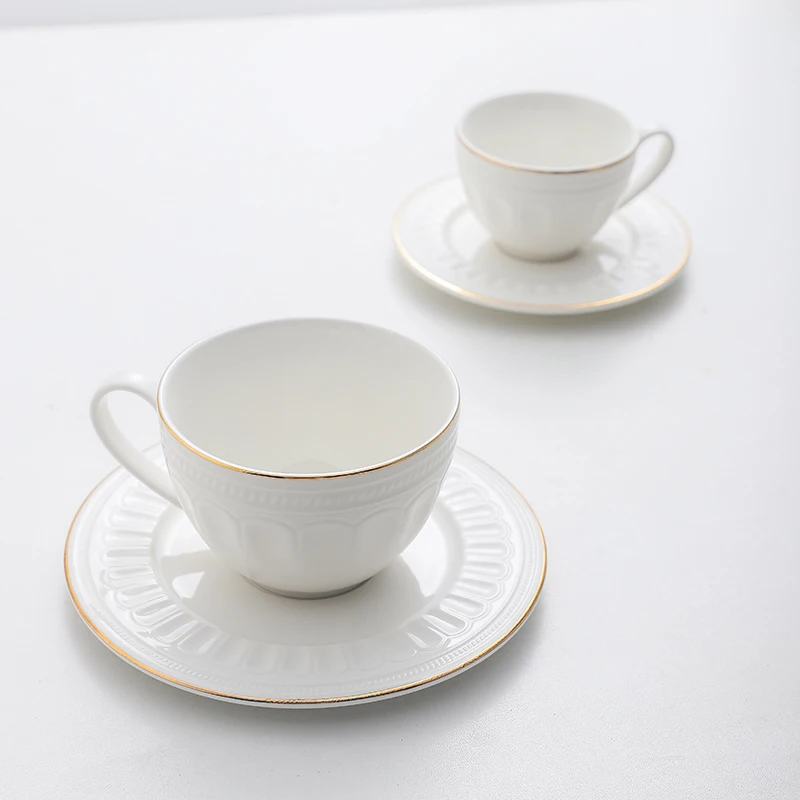 Luxury Gold Rim Embossed Wedding Hotel White Ceramic Coffee Tea Cups And Saucers New Bone China ...