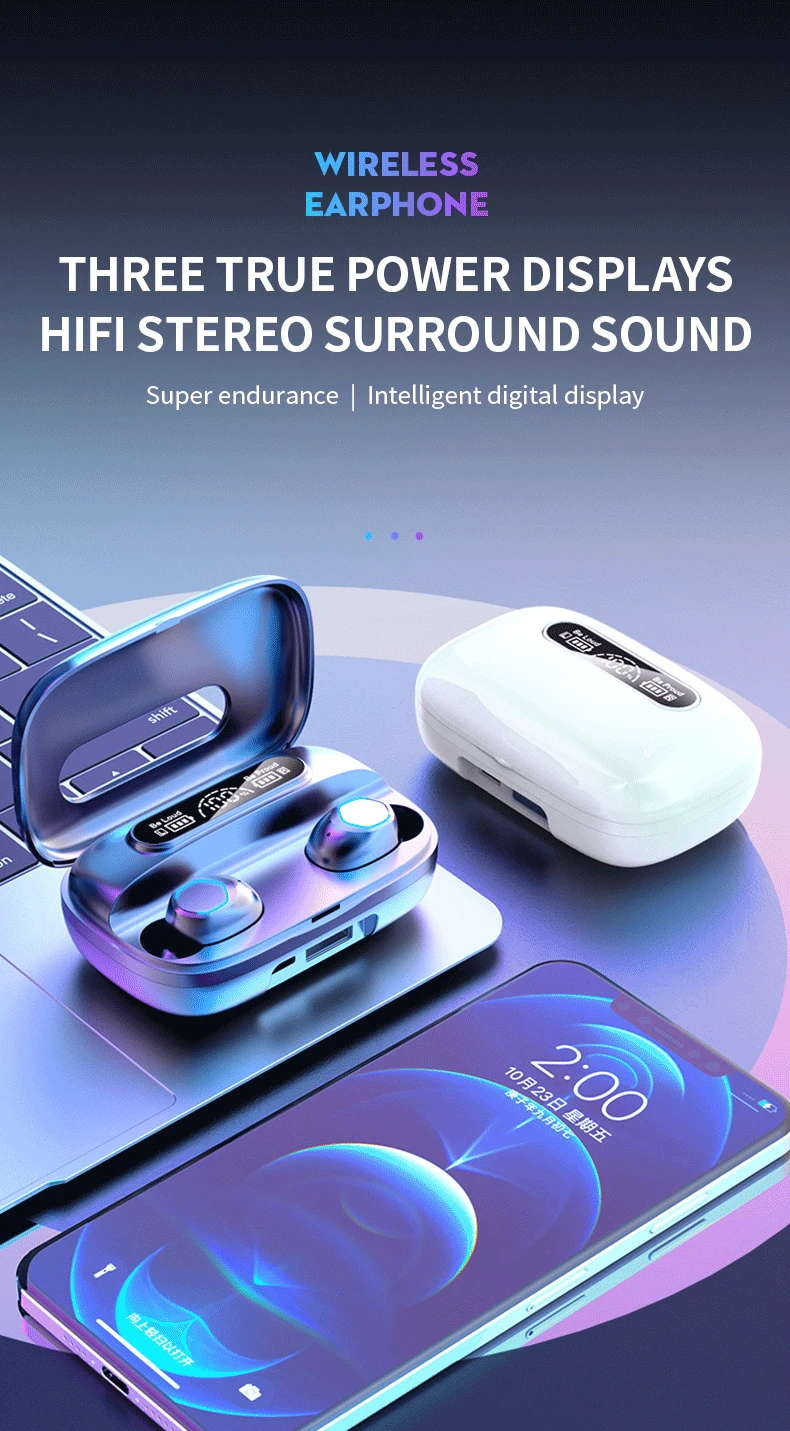 2000mah 대용량 Tws 전원 은행 Enc 이어폰 헤드셋 전원 은행 Lcd 배터리 디스플레이 전원 은행 무선 이어폰 ...