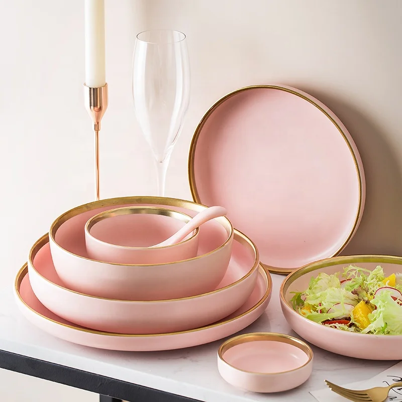 Pink Porcelain Dinnerware Set With Gold Rim For Breakfast Lunch Dinner ...