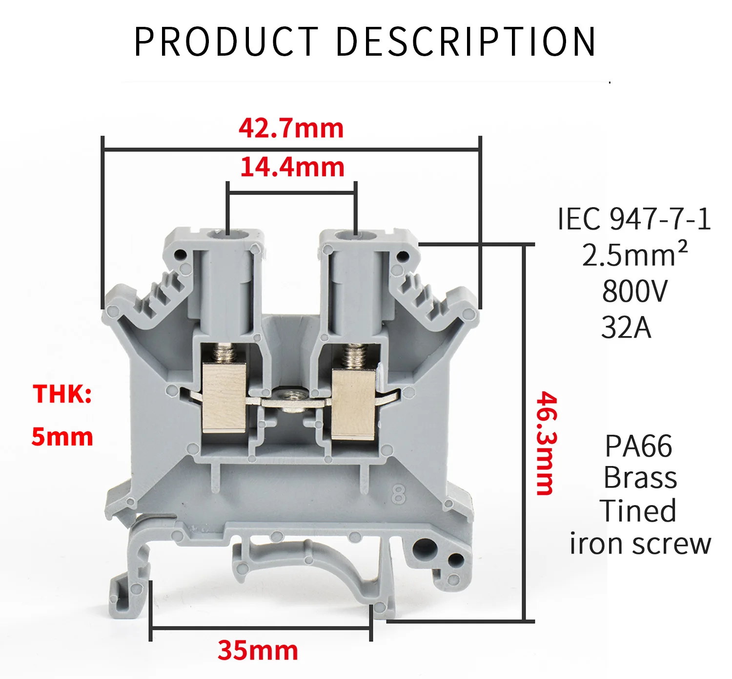 2.5mm through DIN Rail Screw Plastic Brass Terminal UK3N