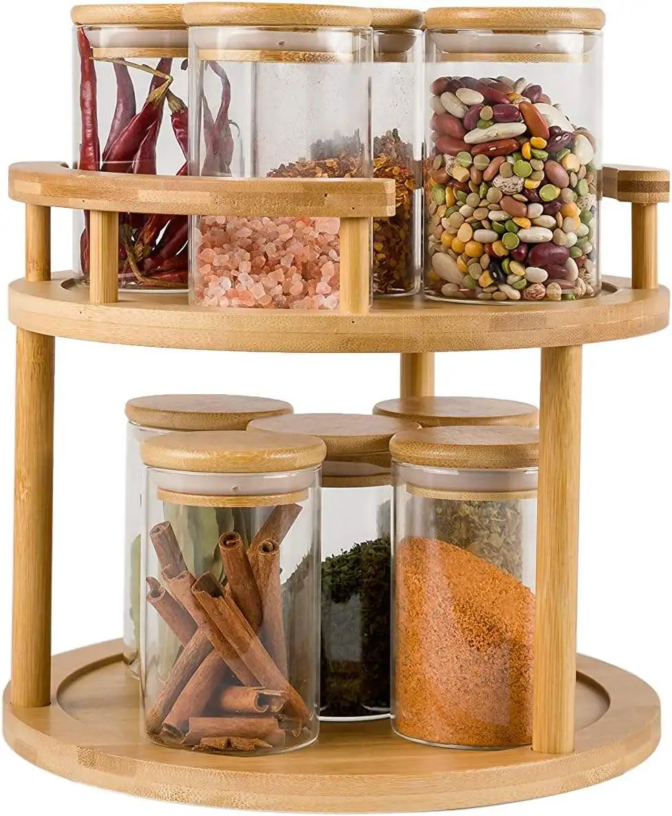 2 Tier Bamboo Spice Rack Organizer, Home Kitchen Spices Spinning ...