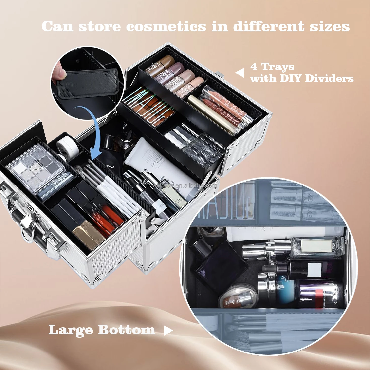 Customized Aluminum Makeup Case Professional Silver Cosmetic Organizer ...