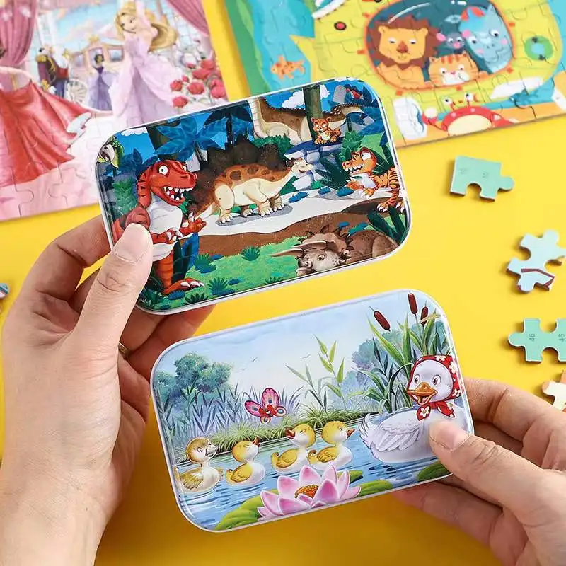 Hot Sales Colorful 60 Pcs Kids 3d Wooden Puzzle With Metal Box Early ...