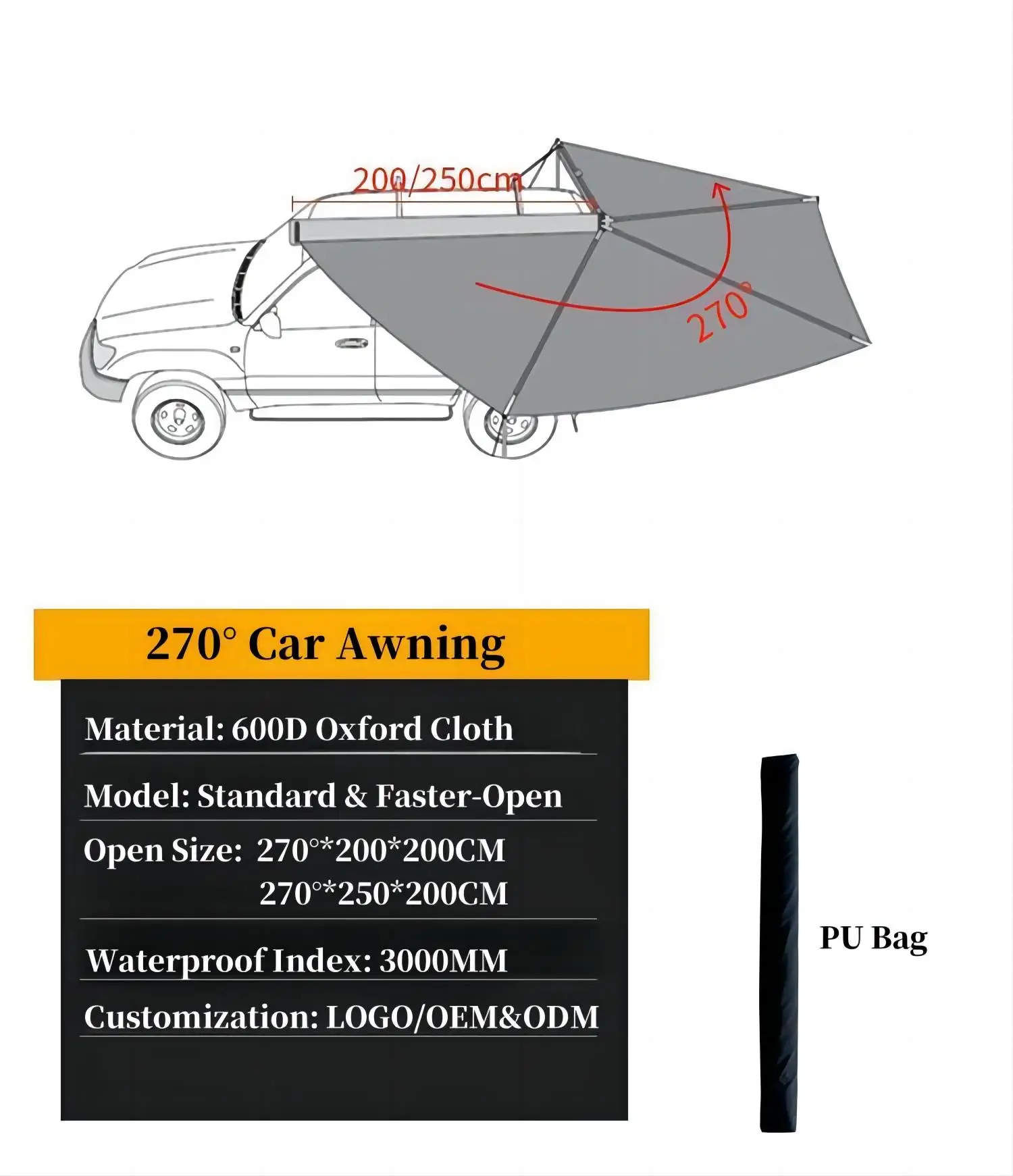 270 Awning Foldable Car Canopy Camping Car Tent Outdoor Side Portable ...
