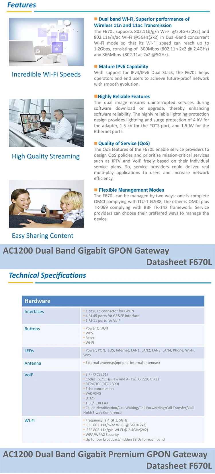 F670L Dual Band ONT - 2.4G & 5G Wifi Gpon Onu Router V6.0