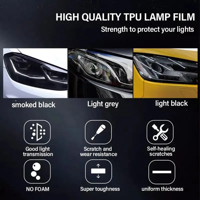 Smoke Black Blue Color PPF 6.5mil TPH Headlight Tint Film
