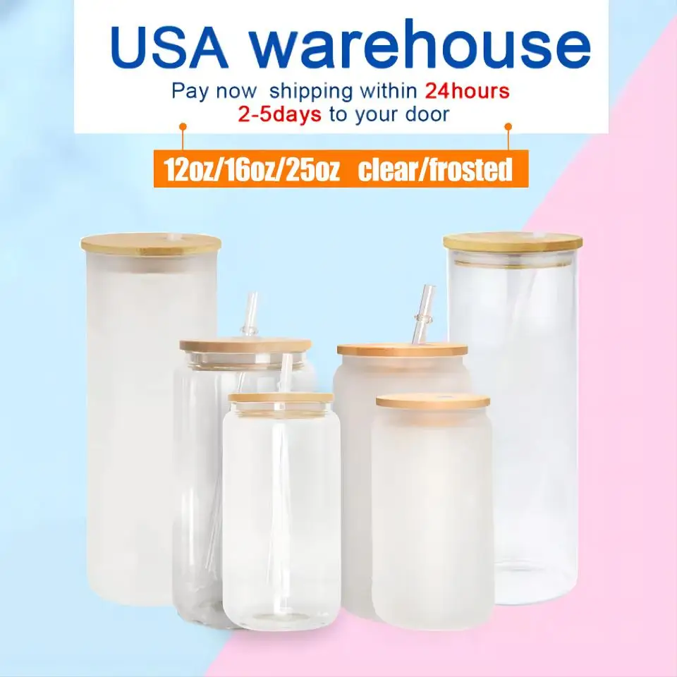 Usa Warehouse 12oz 16oz Diy Blank Sublimation Can Shaped Beer Glass Cups With Bamboo Lid And ...