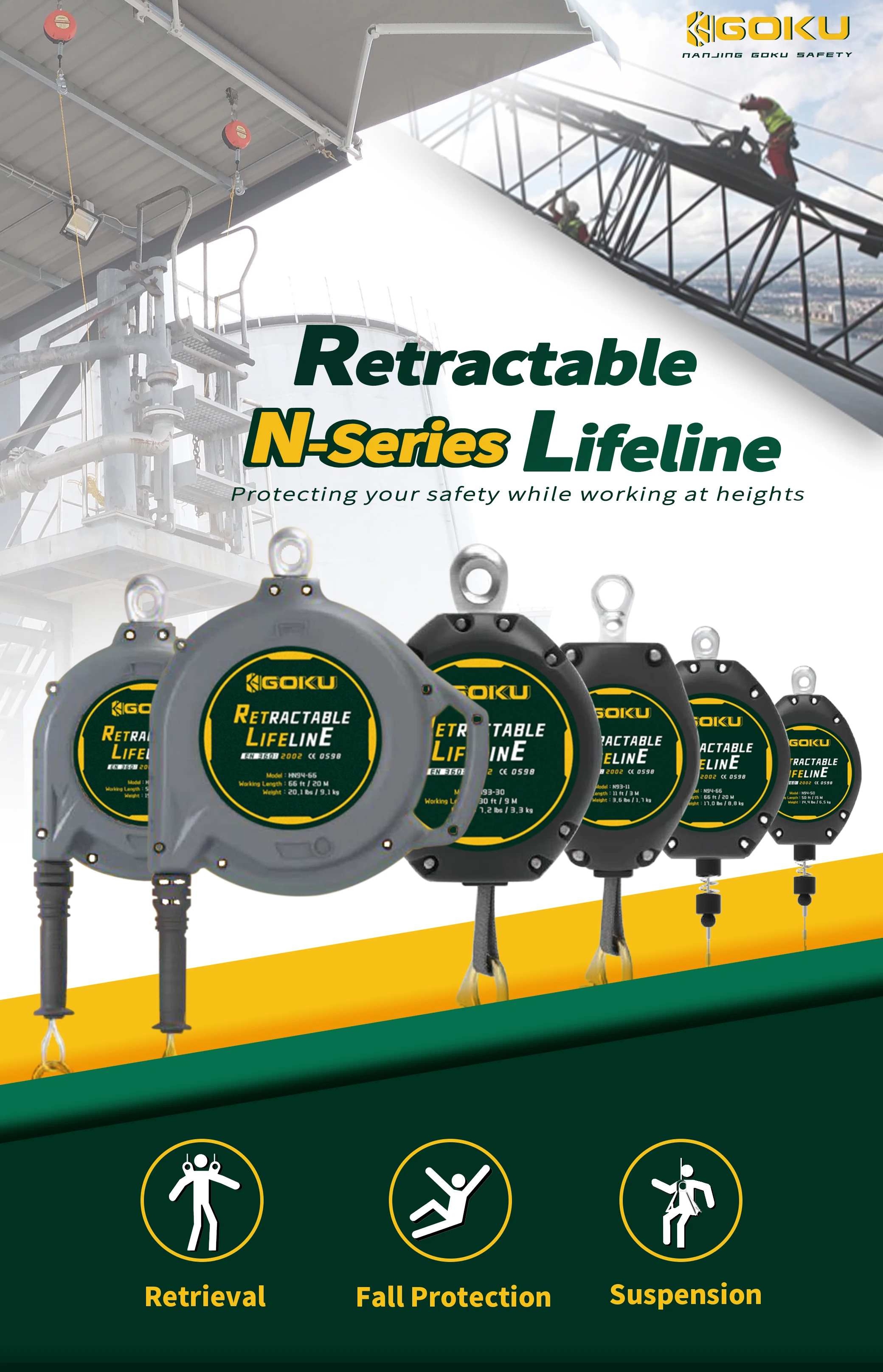 20m Cable Safety Fall Protection Retractable Lanyard Fall Arrester Self ...