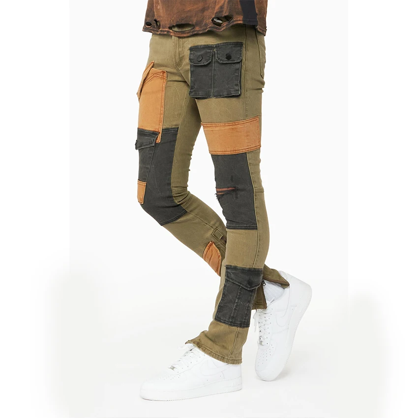 Custom Men Stack Stacked Ripped Flared Denim Cargo Jeans Multi Pockets ...