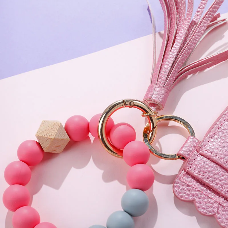 Custom Silicone Bead Bracelets Card Holder Keychain Leather Tassel ...