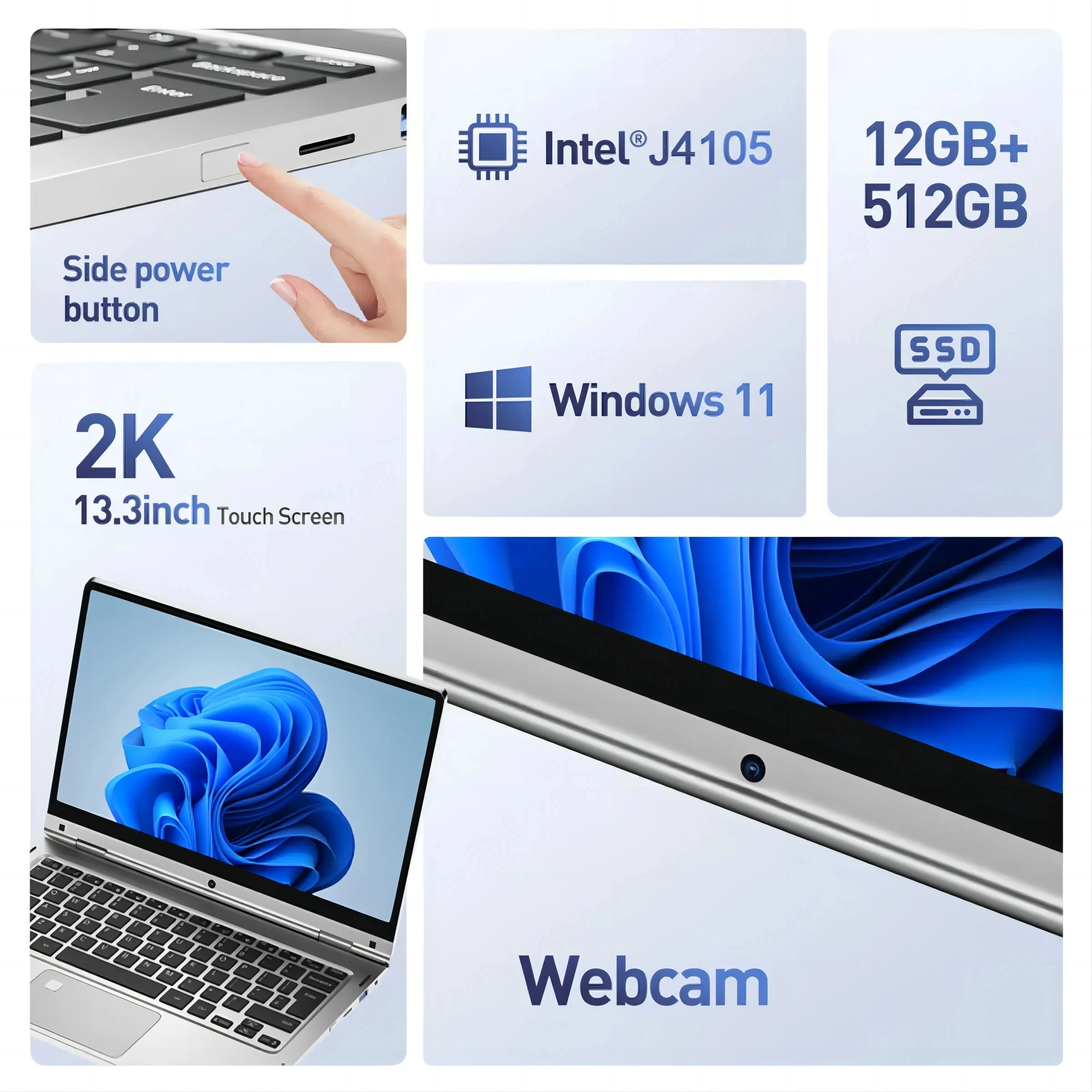 13.3" Touch Screen Laptop with Pen, Intel J4105, 12GB RAM, SSD