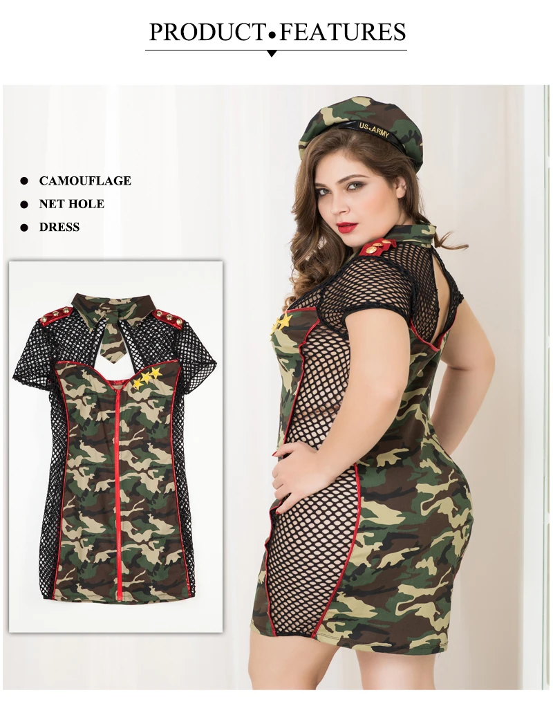Sexy Army Camo Zip Front Military Uniform Costume Dress Outfit Plus Size Army Sexy Costume For
