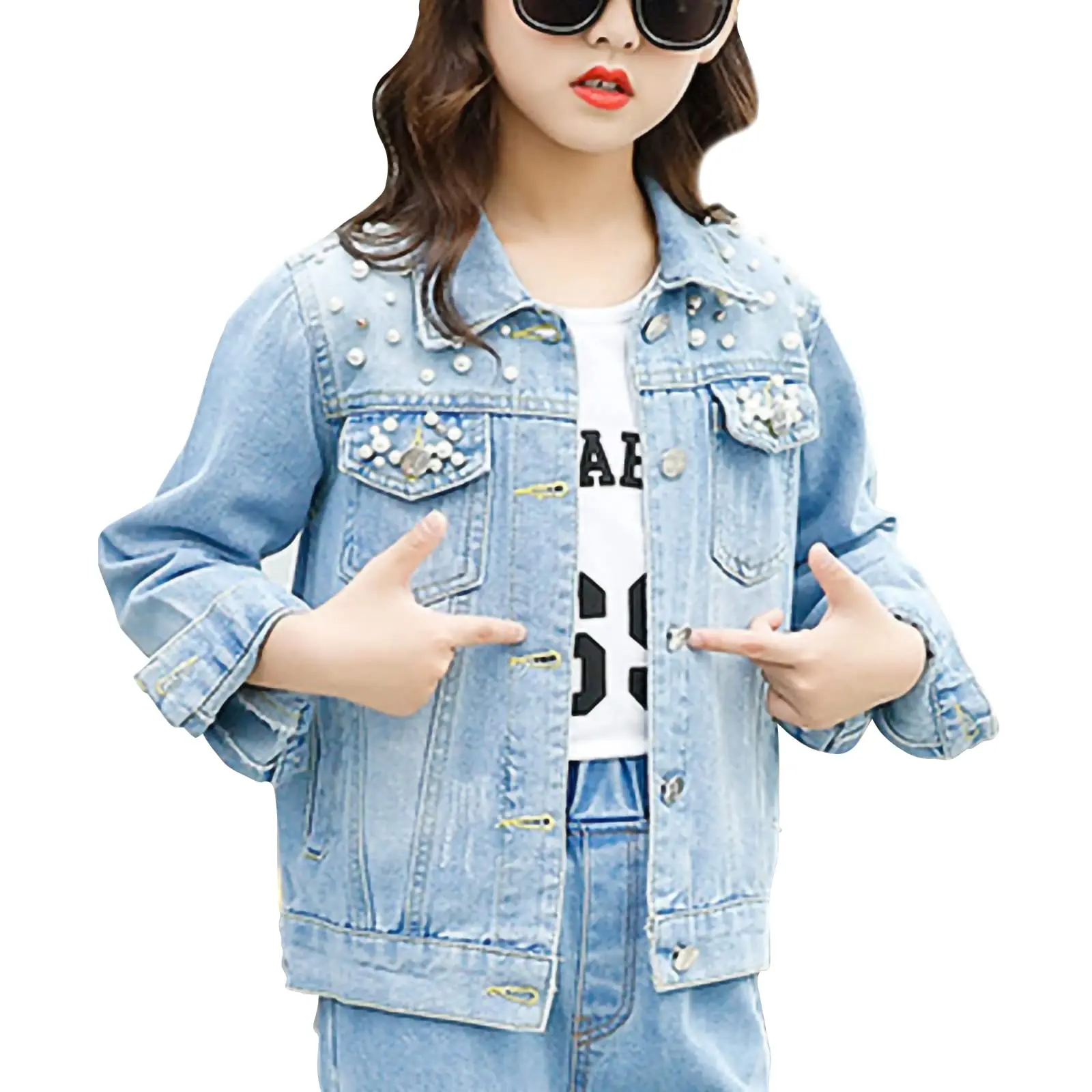 Fashion Kids Print Child Denim Jacket Pearl Oversized Casual Denim ...