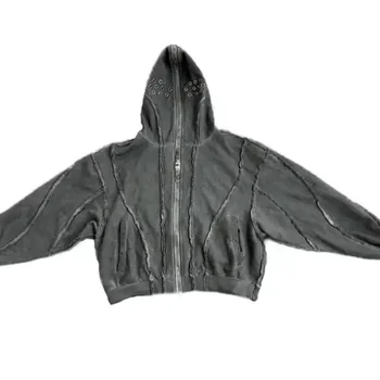 Customized Distressing Lined Full Zip Up Hoodie Vintage Acid Wash Zip ...