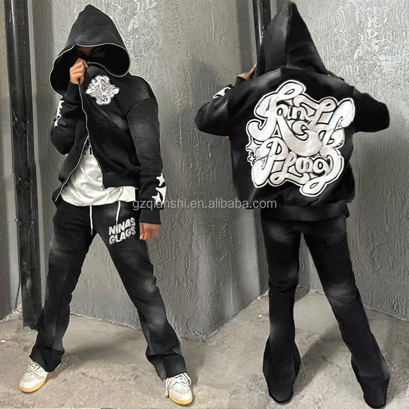 custom high quality acid wash flared sweat pants men hoodies unisex ...