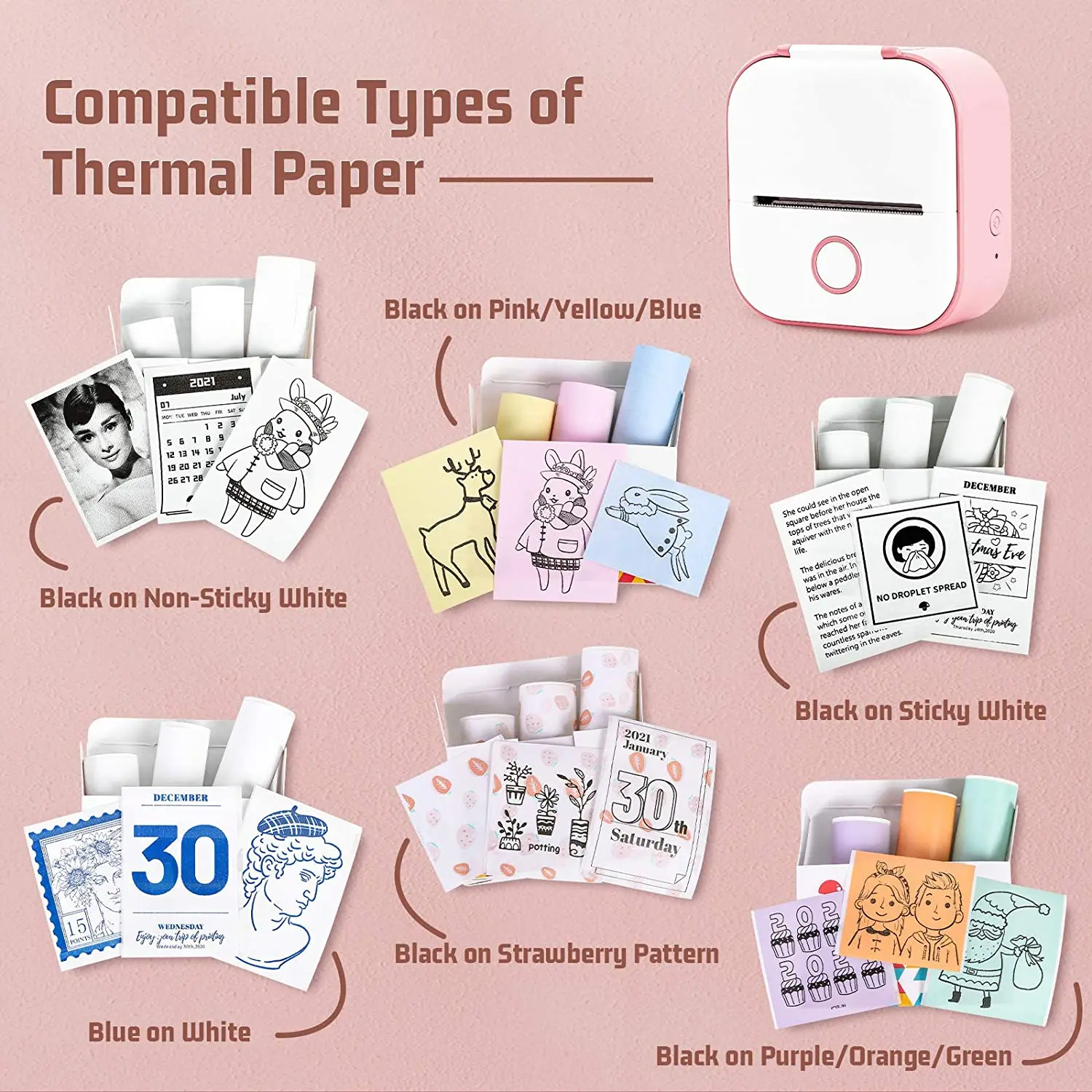 Portable Wireless Inkless Printer Phomemo T02 Thermal Mini Printer ...