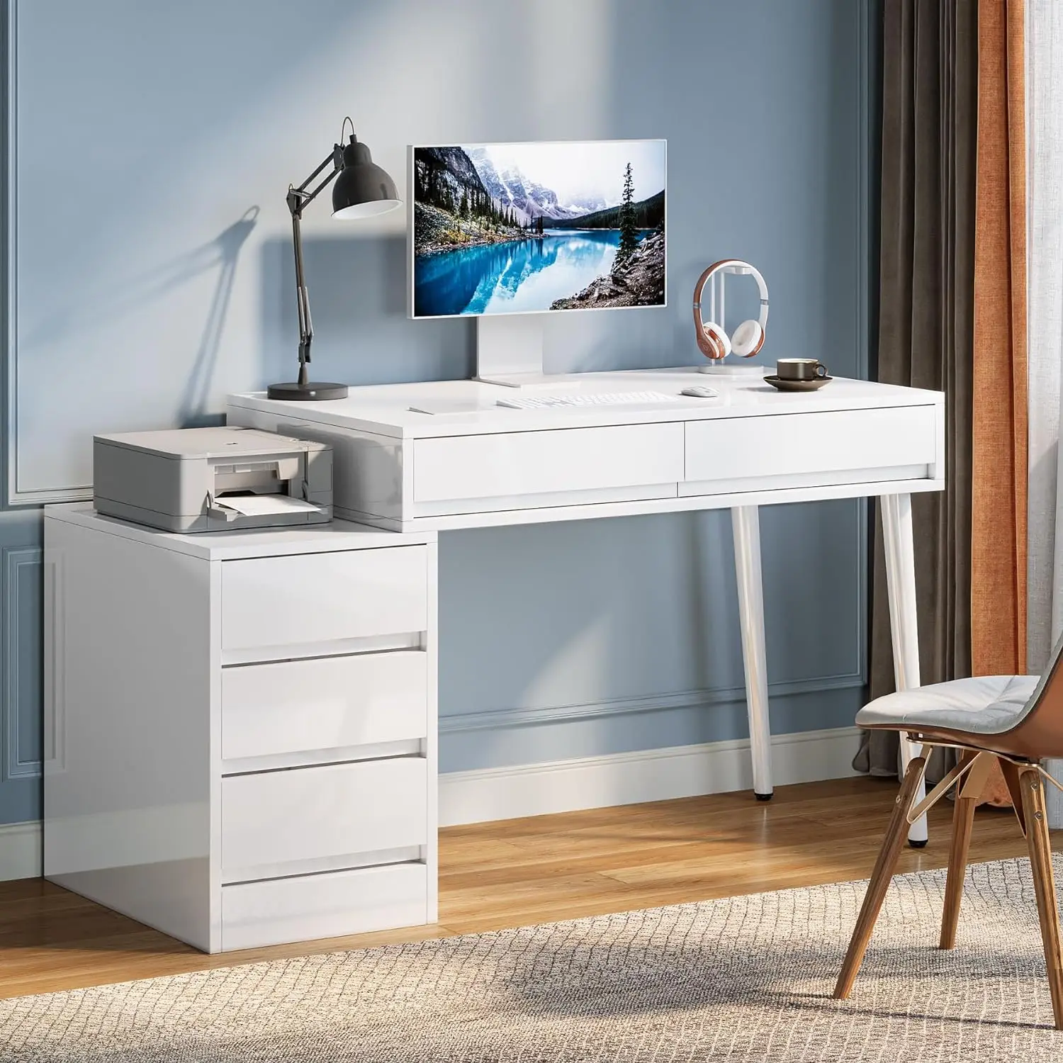 Tribesigns White Desk with Drawers, Modern Home Office Computer Desk ...