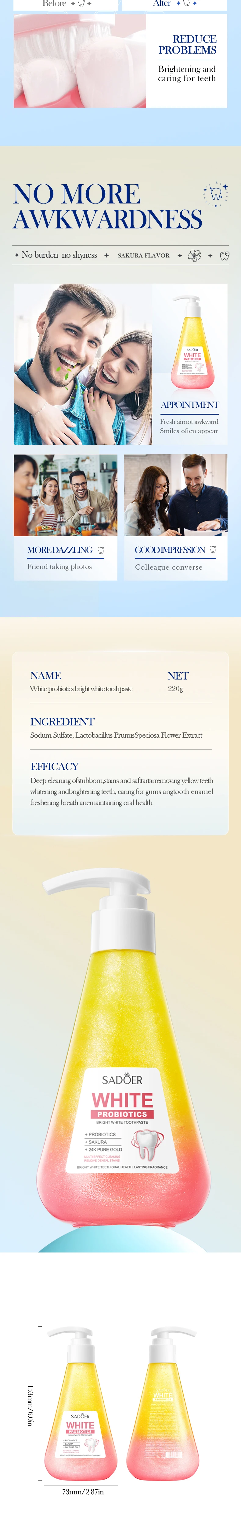 Sadoer 24k Gold Nicotinamide Toothpaste Probiotic Whitening Freshens ...