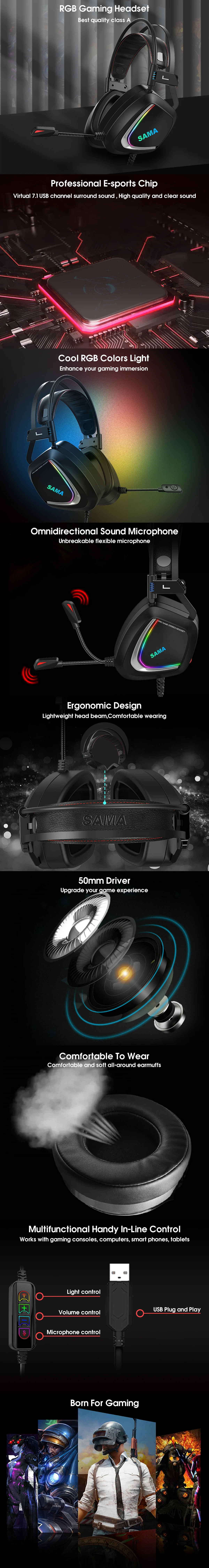 Sama Best Seller Rgb Gaming Headset Custom Wire Bearing Super Shocking ...