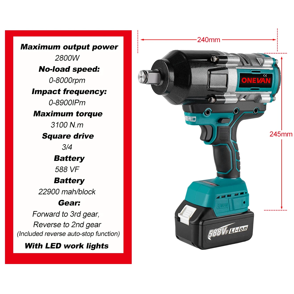 ONEVAN 3100NM Cordless Electric Impact Wrench, 3/4" Brushless Power ...