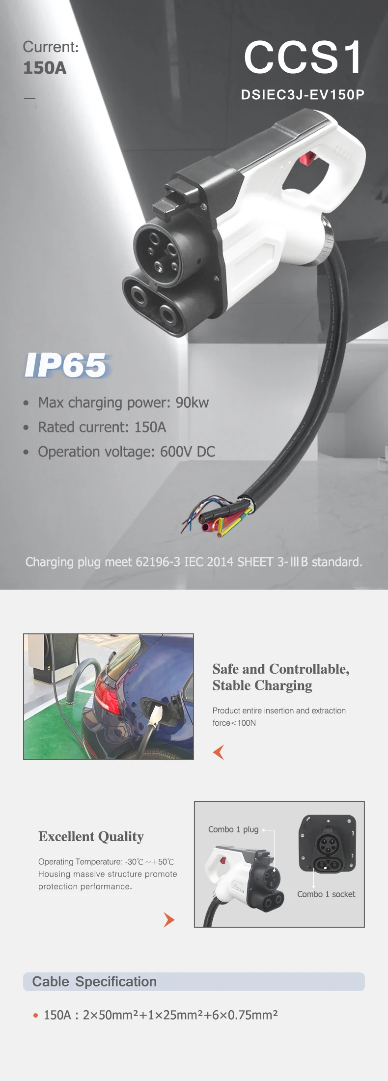 150a 200a Ccs Combo 1 Plug Fast Charge Connector With Charging Cable ...