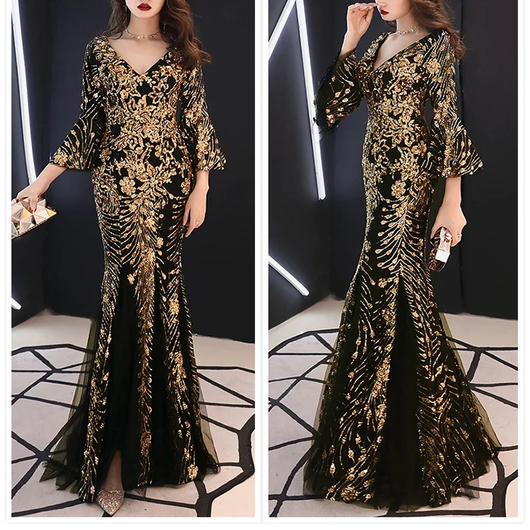 V Neck Long Puff Sleeves Evening Dresses - Serene Luxury