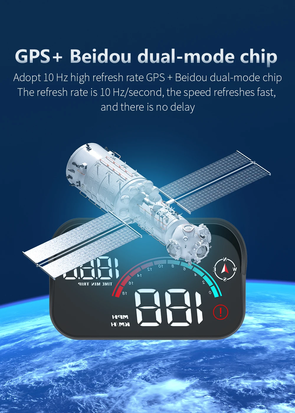 Universal GPS Display with Speed Monitoring & Clock Function HUD