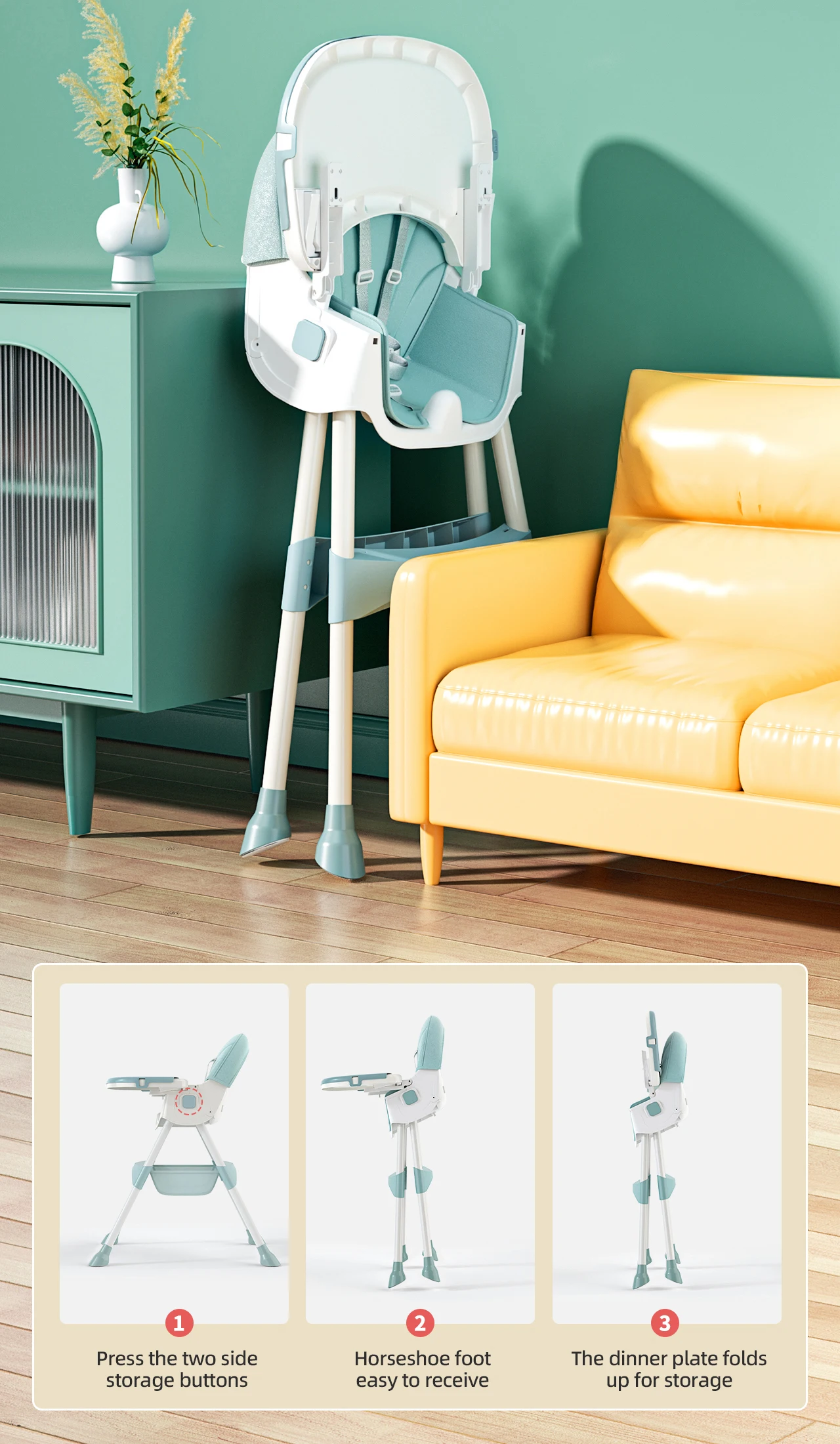Baby Feeding Chair with Wheels - 3 in 1 Foldable Design