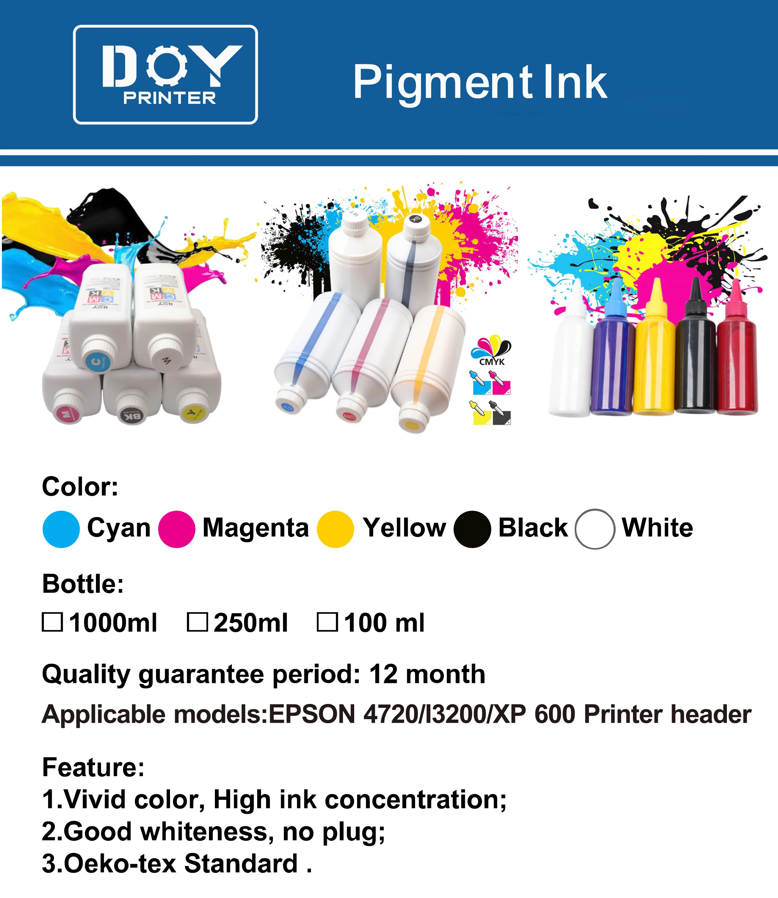 Wholesale CMYK White Color Water Based Pigment Ink for DTF