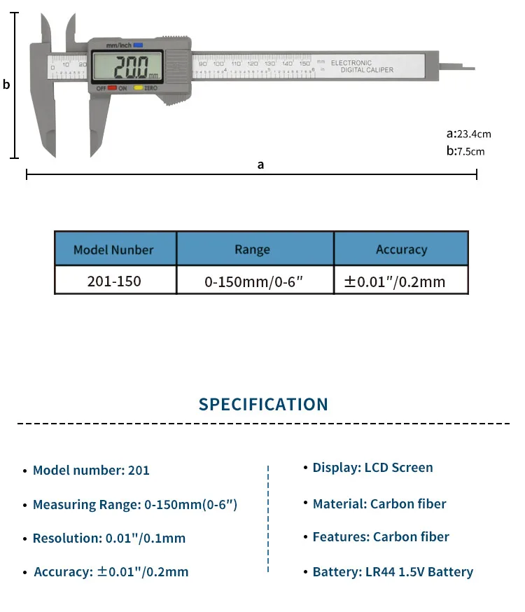 Digital Vernier Caliper Carbon Plastic 150mm Caliper Ruler Electronic ...