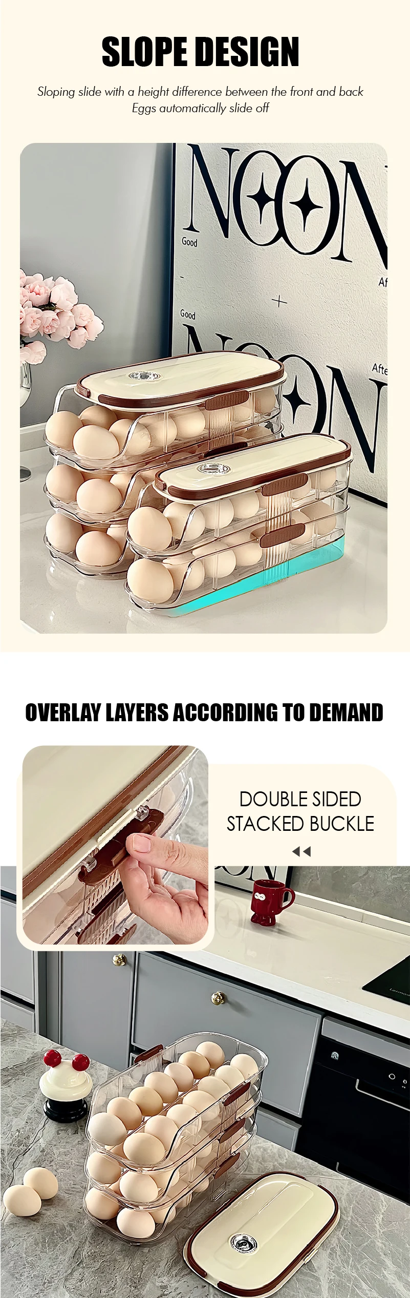 Single Row 3-layer Self-rolling Egg Holder Plastic Eggs Storage Box ...