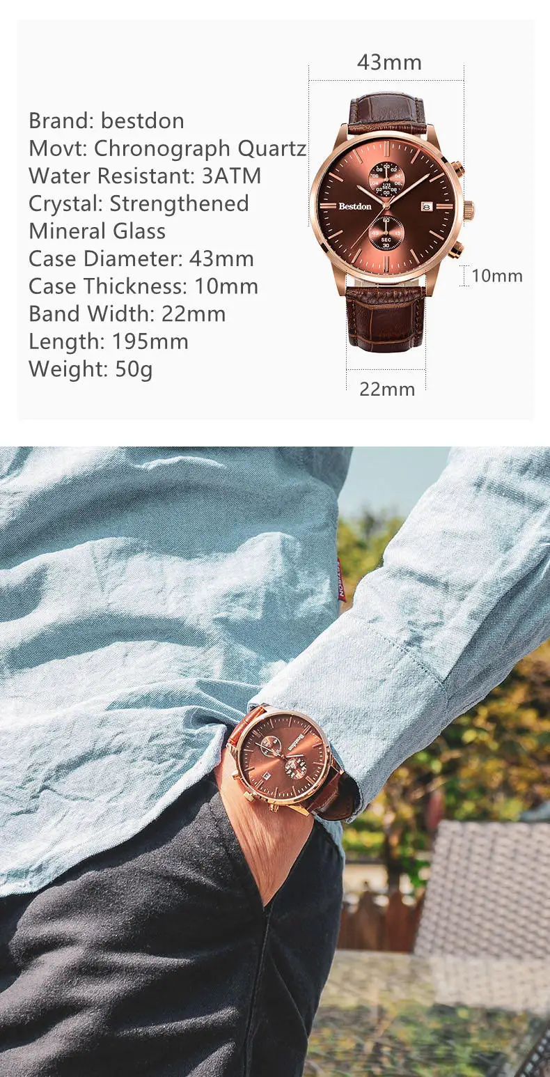 Custom Logo Clock - Mens Watch with Leather Band & 3ATM