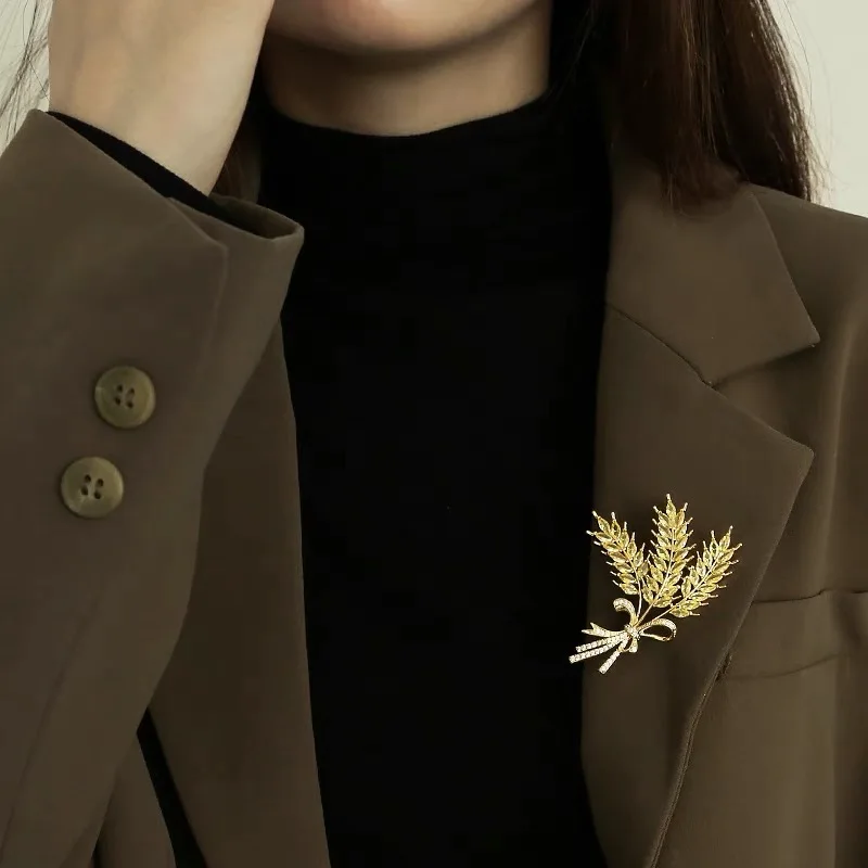 Luxury Wheat Brooch Jewelry Crystal Wheat Bow Brooch Pins Cute Yellow ...