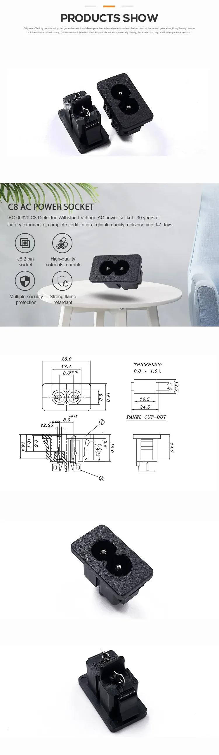 2.5A250V IEC C8 Power Socket Adapter Connector Outlet Plug for Computer and Equipment JR-201S ...